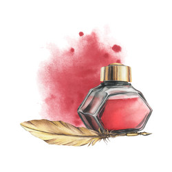 Glass transparent inkwell red ink jar with gold Vector Image