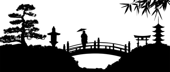 Japanese garden silhouette through the shoji Vector Image