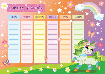 Printable cute unicorn rainbow weekly planner Vector Image