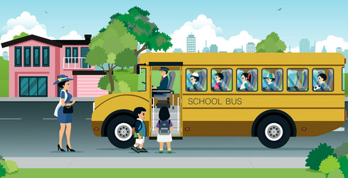 Children get on school bus on the stop sign Vector Image