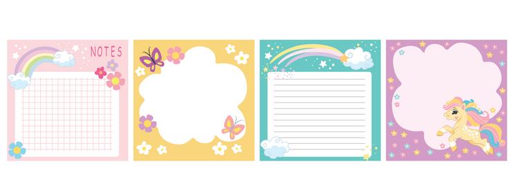 Cute set of happy unicorns note pages Royalty Free Vector