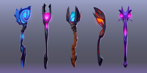 Cartoon set of magic power staffs Royalty Free Vector Image