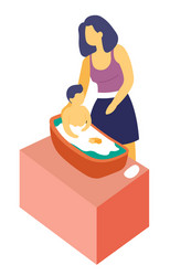 Boy in bathroom mom washes son child Royalty Free Vector