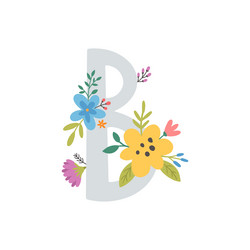 Cute colored b letter with flowers hand drawing Vector Image