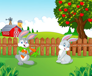 Cartoon rabbit with carrot plant in the garden Vector Image