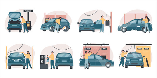 People in self car wash service cartoon Royalty Free Vector