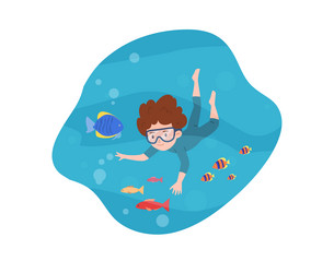 Boy swimming underwater with many fish cartoon Vector Image