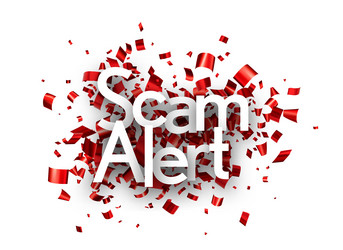 Scam alert sign with purple cut out ribbon Vector Image