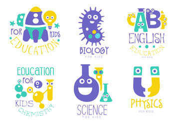 Science for kids logo set english physics math Vector Image