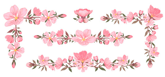 Cherry blossom bunch frame border corner flat set Vector Image