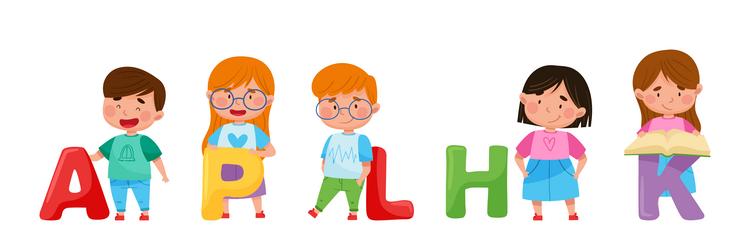 Cheerful kids and big alphabet letters set Vector Image