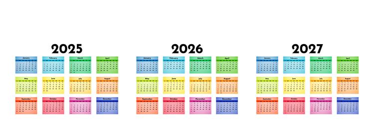 Set of calendars for 2025 2026 and 2027 on a Vector Image
