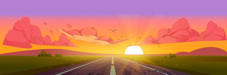 Tropical sunset coastal road cartoon Royalty Free Vector