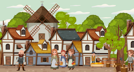 Medieval town scene with villagers Royalty Free Vector Image