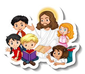 Jesus christ with children group sticker on white Vector Image