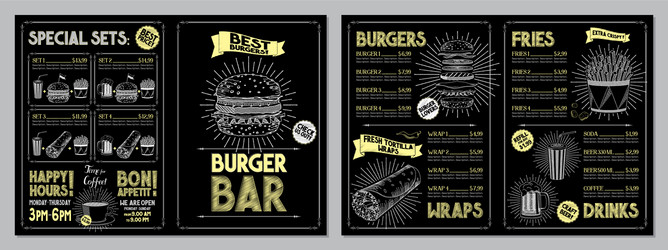 Burger bar menu template - a4 card burgers sides Vector Image