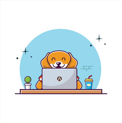 Cute boy using laptop with pet dog Royalty Free Vector Image