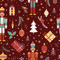 Christmas pattern with nutcracker soldier and toys