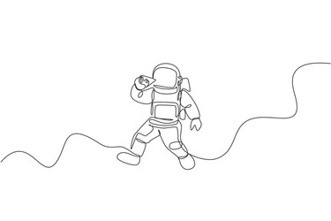 One continuous line drawing cosmonaut eating Vector Image