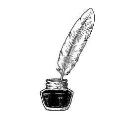 Feather pen and inkwell in engraving style design Vector Image