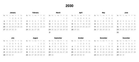 Monthly calendar of year 2030 Royalty Free Vector Image