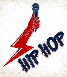 Rap music logo or emblem with microphone in hand Vector Image