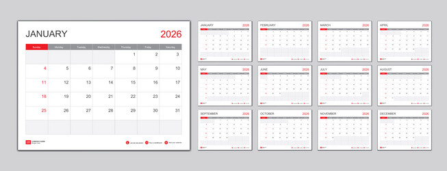 Calendar 2026 template set week starts sunday Vector Image