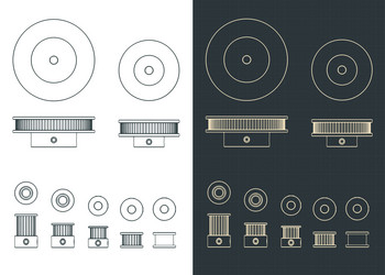 Pulleys and idler isometric blueprints set Vector Image