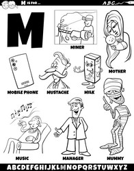 Letter m set with cartoon objects and characters Vector Image