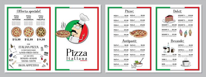 Italian pizza restaurant menu - a4 card pizzas Vector Image