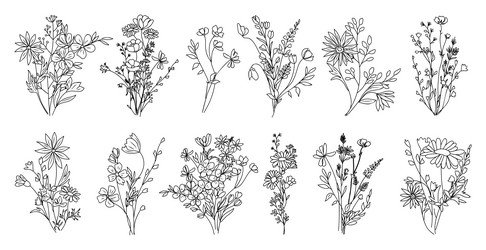 Wildflower line art bouquets set isolated Vector Image
