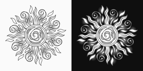 Sun with spirals swirls halftone shapes Royalty Free Vector
