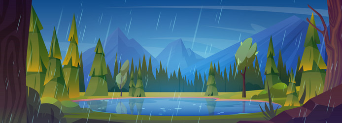 Forest and mountain lake nature cartoon background
