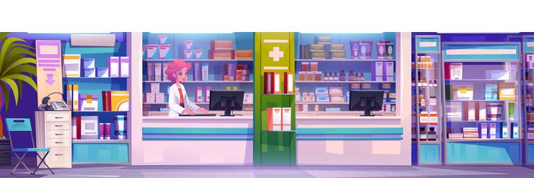 Medical store interior with counter and pharmacist