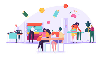 Sewing clothes character flat seamstress Vector Image