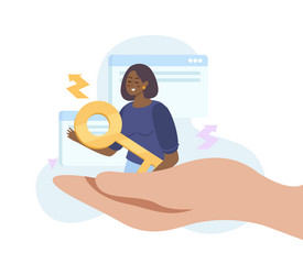 Smiling woman open lock with huge key Royalty Free Vector