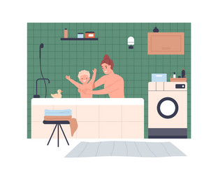 Boy in bathroom mom washes son child Royalty Free Vector