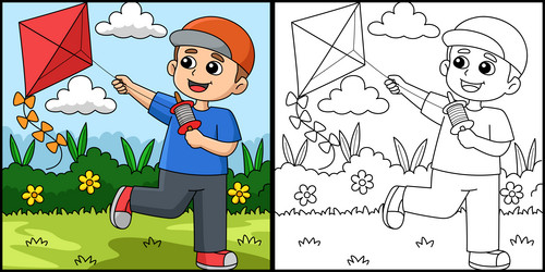 Spring boy flying a kite coloring page for kids Vector Image