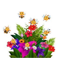 Three bees flying over some flowers Royalty Free Vector