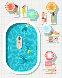 Summer pool people at swimming top view Royalty Free Vector