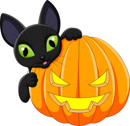 Cartoon black cat holding halloween pumpkin Vector Image
