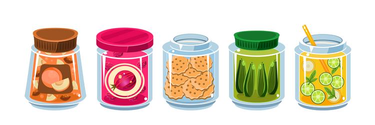 Collection of glass jars with ingredient fresh Vector Image
