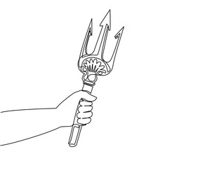Single one line drawing hand holding trident Vector Image