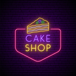 Neon birthday cake sign glowing birthday cake Vector Image