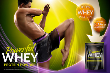 Whey protein powder ad poster Royalty Free Vector Image