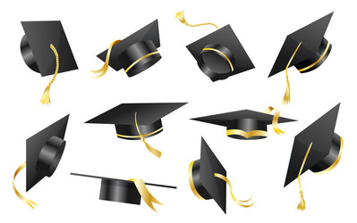 Flying graduation cap set tossing with confetti Vector Image