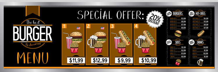 Burger bar menu template - price list banner sets Vector Image