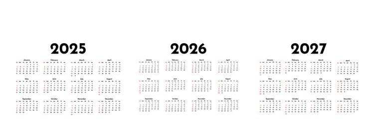 Set of calendars for 2025 2026 and 2027 Royalty Free Vector