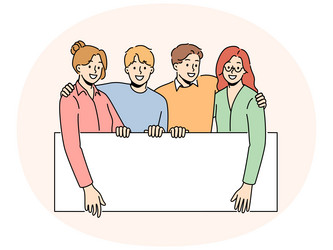 Smiling people holding mockup poster Royalty Free Vector