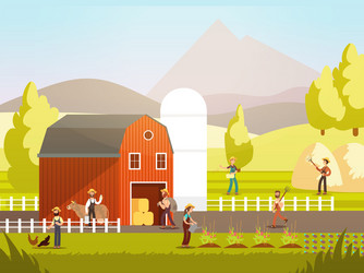 Cartoon farm landscape field with farmers Vector Image